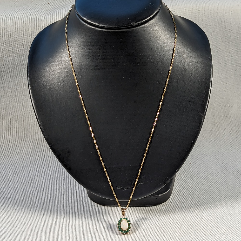 9ct Gold Ribbon Chain with Opal & Emerald Pendant - Own4Less